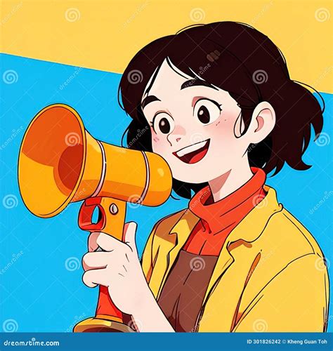Smiling Woman Talking On Megaphone Announcing Message Cute Simple Anime Style Illustration