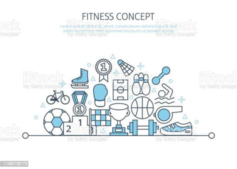 스포츠 포스터 템플릿입니다 가는 선 아이콘은 피트니스 컨셉 배너를 설정합니다 스포츠 장비 개념 기호에 대한 스톡 벡터 아트 및 기타 이미지 Istock