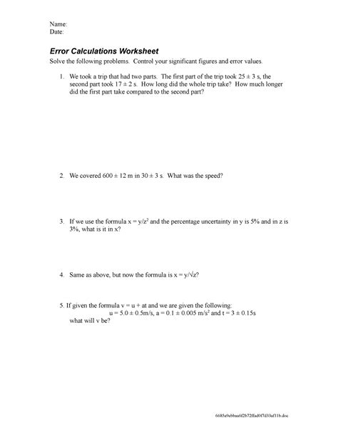 Worksheet Math Error Calculations 1fgeqsd Name Date Error