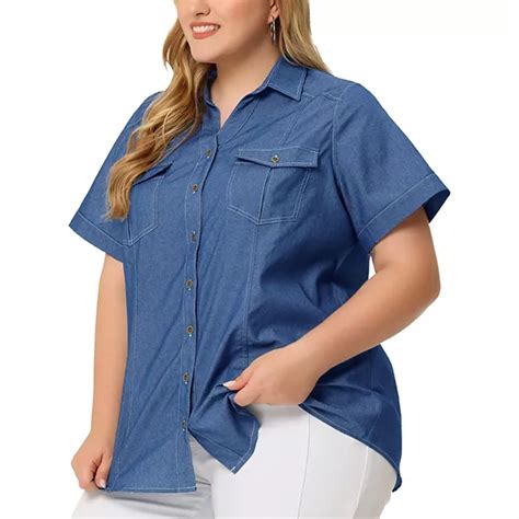 Plus Size Chambray Shirt For Women Denim Western Shirts Short Sleeve