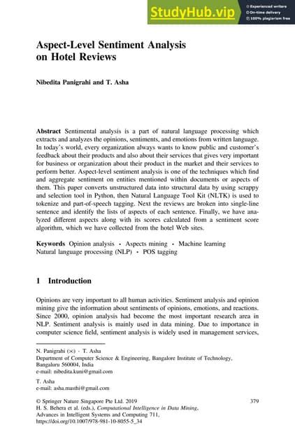 Aspect Level Sentiment Analysis On Hotel Reviews Pdf