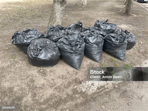 도시 거리에 떨어진 나뭇잎의 검은 가방에 수집 잎이 가득 한 검은 비닐 봉지 쓰레기에서 도시 거리의 청소 자연에 쓰레기 검은 비닐 봉지로 가득 가득 찬에 대한 스톡 사진 및