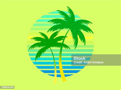 80년대 복고풍 공상과학 스타일의 일몰에 있는 두 그루의 야자수 여름철 그라데이션 색상이 있는 미래 지향적인 태양 복고풍 물결 광고 브로셔 배너 포스터 여행사를 위한 디자인