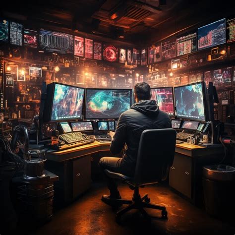 premium photo medium shot of a hacker watching multiple monitors