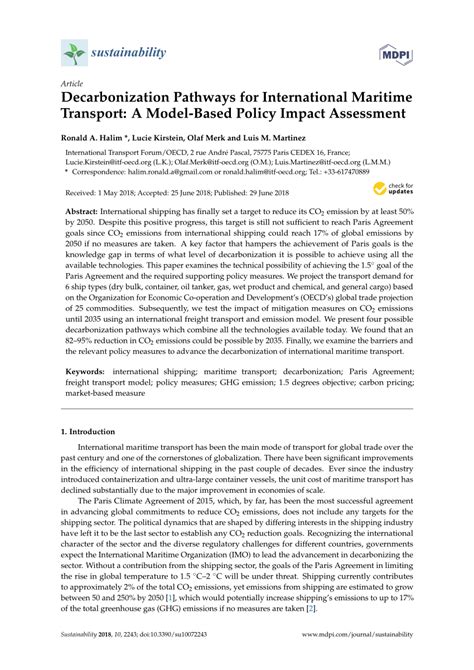 Pdf Decarbonization Pathways For International Maritime Transport A Model Based Policy Impact