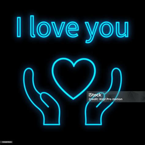 밝은 빛나는 파란색 축제 디지털 네온 사인 은 상점이나 카드 아름다운 마음에 사랑 손과 검은 색 배경에 당신을 사랑 비문으로