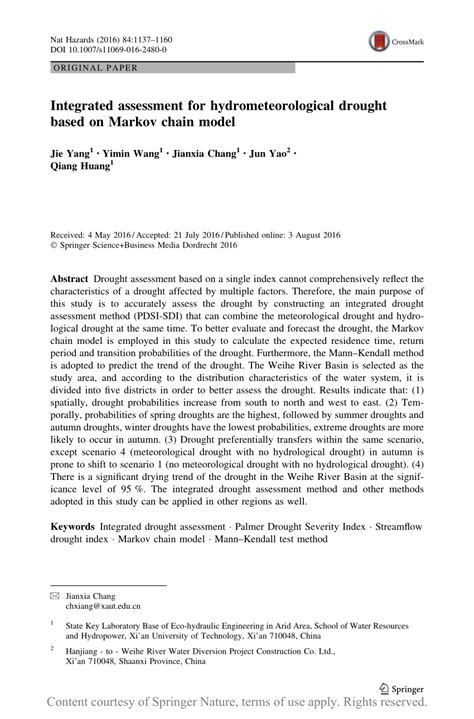 Integrated Assessment For Hydrometeorological Drought Based On Markov Chain Model Request Pdf