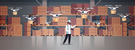 남자 택배 개최 무선 원격 제어 소포 드 론 공기 배달 현대 물류 시스템 빠른 배송 개념 화물 헬리콥터 메일 서비스 창 고 내부 가로 공장 산업 건물에 대한 스톡 벡터 아트