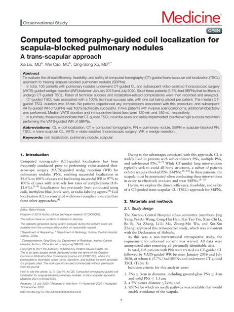 Pdf Computed Tomography Guided Coil Localization For Scapula Blocked Pulmonary Nodules A