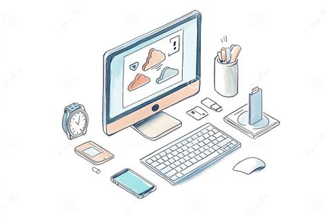 A Computer Monitor Displaying A Tech Diagram Surrounded By A Keyboard A Mouse A Smartphone A