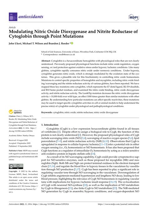 Pdf Modulating Nitric Oxide Dioxygenase And Nitrite Reductase Of Cytoglobin Through Point