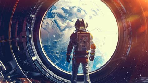 Spaceman In A Spacesuit Stands In Front Of Spaceship Circle Window