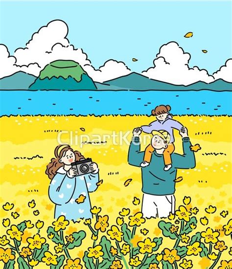 3인가족 가족 계절 국내여행 꽃 꽃밭 남자 딸 라이프스타일 목말 바다 봄 봄나들이 봄맞이 부모 사람 세명 아빠 어른 어린이 엄마 여자 여자어린이 여행 유채꽃 일러스트 자녀