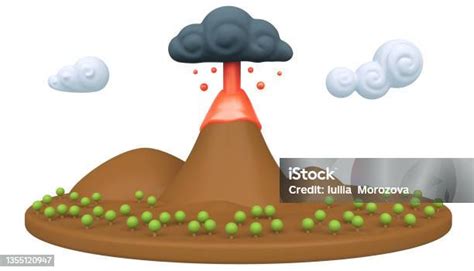 화산이 흰색 배경에 격리 만화 자연 풍경 다채로운 현대 미니멀 콘셉트 렌더링 양식에 일치시키는 재미있는 아이들 점토 플라스틱 또는 나무 장난감 사실적인 패션 3d