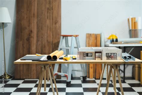 Construction House And Building Workspace Area Dof Laptop Computer