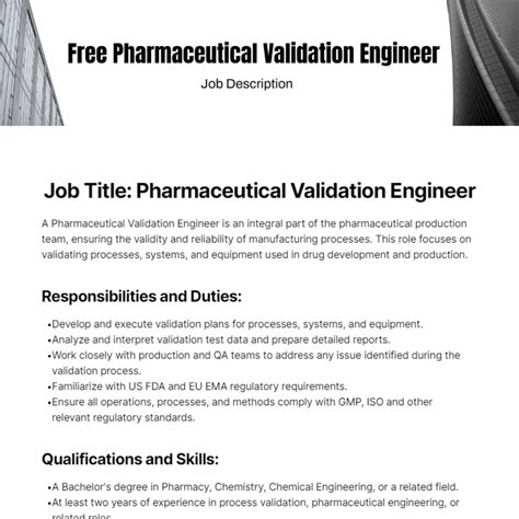 Free Pharmaceutical Validation Engineer Job Description Template To