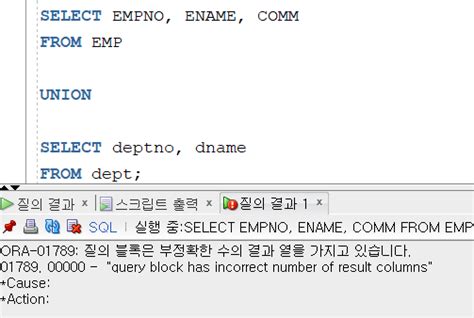 Oracle Error Ora 01789 질의 블록은 부정확한 수의 결과 열을 가지고 있습니다 Query