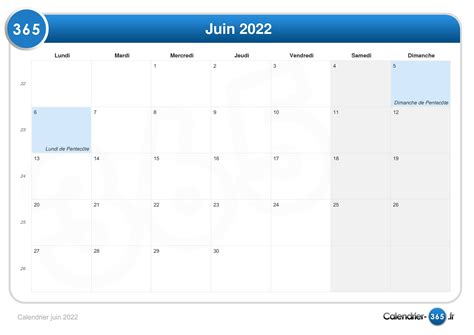 Calendrier Juin 2022