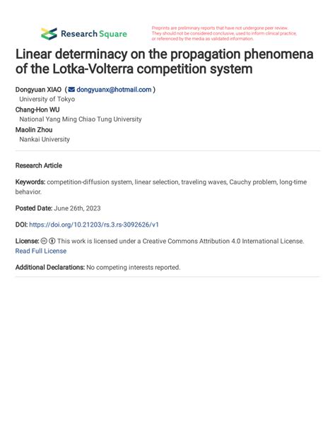 Pdf Linear Determinacy On The Propagation Phenomena Of The Lotka