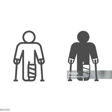 다리 부상 붕대 라인과 단단한 아이콘 인간 구조 개념과 함께 남자 벡터 그래픽 지팡이를 걷는 인간 흰색 배경에 목발 기호 모바일 또는 웹 디자인을위한 윤곽선 스타일 아이콘을