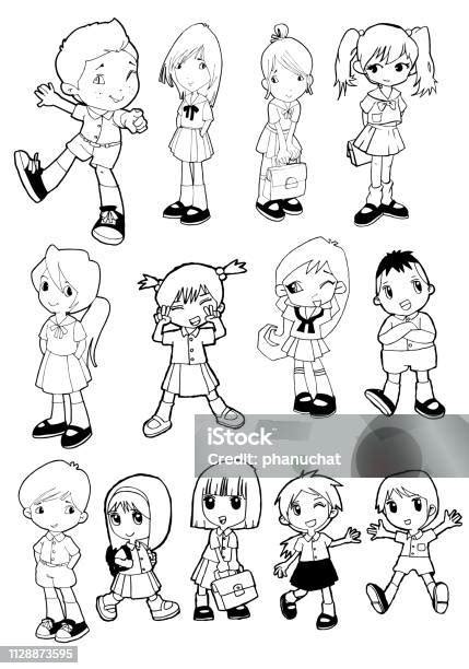 귀여운 행복 한 만화 낙서 어린이 어린이 어린이 스케치를 그리기의 그룹 문자 벡터 일러스트 레이 션 공부에 대한 스톡 벡터 아트