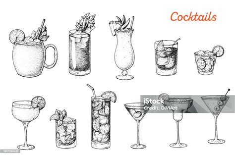 알코올 칵테일 손으로 그린 벡터 일러스트레이션 스케치 집합입니다 모스크바 뮬 피 묻은 메리 피나 콜라다 구식 카이피로스카 다이키리 민트 줄렙 긴 섬 아이스 티 맨해튼 마가