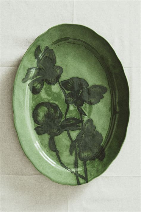 디자인 스톤웨어 서빙 플레이트 카키 그린플로럴 Home All Handm Kr