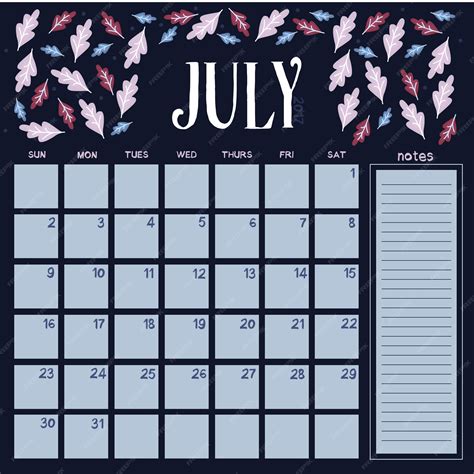 Free Vector Floral July Calendar Design