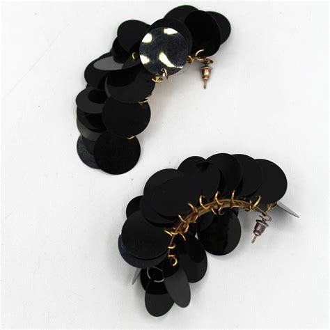 Vintage Large Black Sequins Dangle Earrings Gold Tone Confetti 1980s