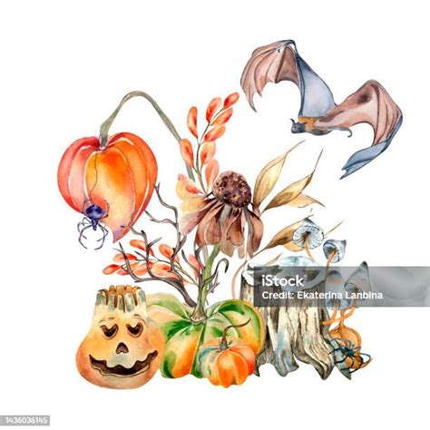 흰색 배경에 고립 된 박쥐 수채화 그림이있는 다채로운 할로윈 구성 10월에 대한 스톡 벡터 아트 및 기타 이미지 10월