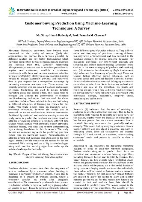 Pdf Irjet Customer Buying Prediction Using Machine Learning Techniques A Survey