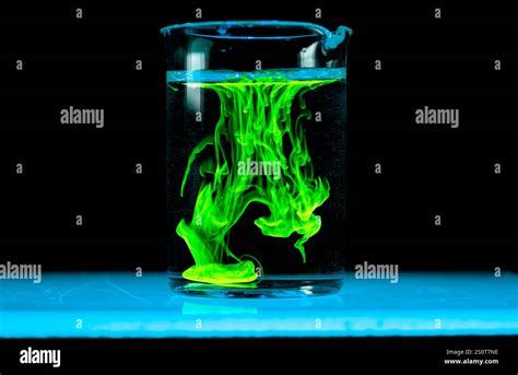 Dissolution And Spread Of A Green Substance In A Flask With A Clear Liquid Chemical Reaction
