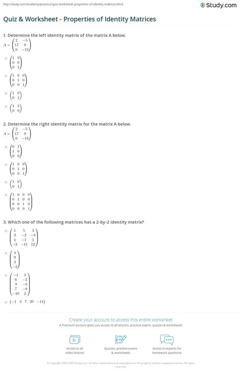 Quiz And Worksheet Properties Of Identity Matrices