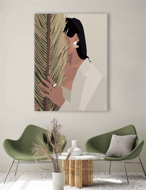 Картина для интерьера на стену Девушка с тропическими листьями эстетика арт 70х100 см купить