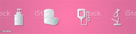 종이 절단 손 소독제 병 석고 Iv 백 및 현미경 아이콘을 설정합니다 종이 아트 스타일 벡터 3차원 형태에 대한 스톡 벡터 아트 및 기타 이미지 Istock