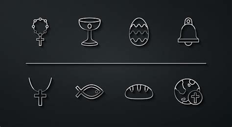 세트 라인 묵주 구슬 종교 기독교 크로스 체인 교회 종 빵 물고기 상징 성배 지구본과 부활절 달걀 아이콘 벡터 0명에 대한 스톡 벡터 아트 및 기타 이미지 Istock
