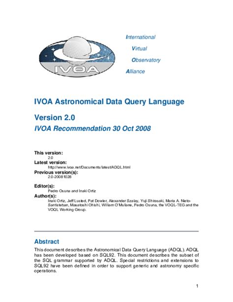 Pdf Ivoa Recommendation Ivoa Astronomical Data Query Language