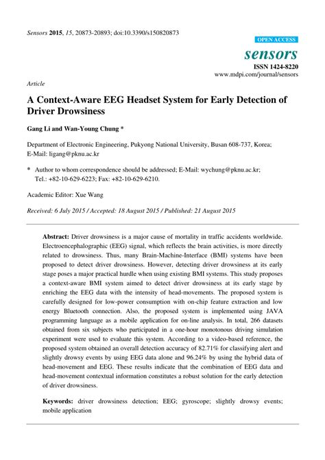Pdf A Context Aware Eeg Headset System For Early Detection Of Driver Drowsiness
