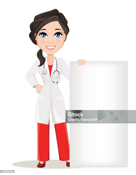 의사가 청진 기를 가진 여자 미소에 큰 빈 배너 근처 의료 가운 서 의사 캐릭터는 귀여운 만화 벡터 일러스트입니다 Eps10 가까운에 대한 스톡 벡터 아트 및 기타 이미지