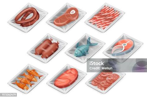 일회용 식품 팩 고립 3d 현실적인 상점 패키지 상자 그림자 모형 투명 배경 디자인 벡터 일러스트 변환 고기에 대한 스톡 벡터 아트 및 기타 이미지 Istock