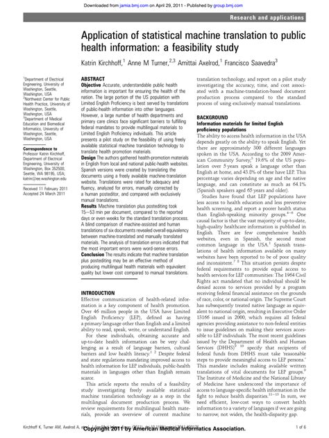 PDF Application Of Statistical Machine Translation To Public Health Information A Feasibility