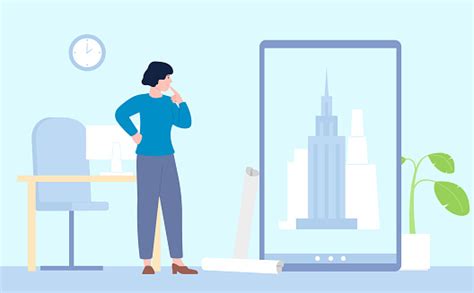 여성 건축가 건축 프로젝트를 작업하는 인테리어 디자이너 여성 엔지니어 건설 은 화면에 건물을 보면 건축 최근 벡터 개념 Draft Sports에 대한 스톡 벡터 아트 및