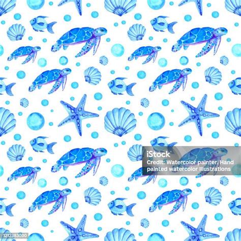 흰색 배경에 고립 된 파란색 껍질 거북이 및 불가사리가있는 수채화 원활한 패턴 거북이에 대한 스톡 벡터 아트 및 기타 이미지