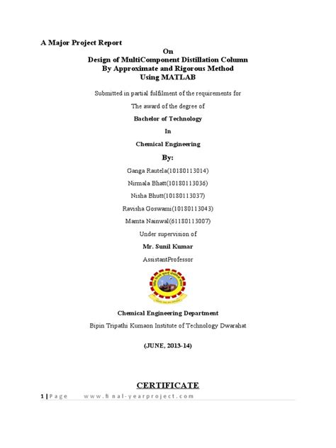 A Major Project Report On Design Of Multicomponent Distillation Column By Approximate And