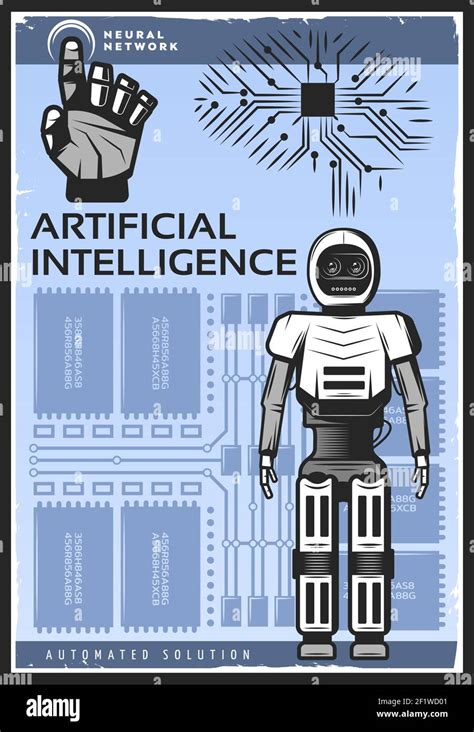 Vintage Artificial Intelligence Poster With Android Cybernetic Arm And Neural Network On