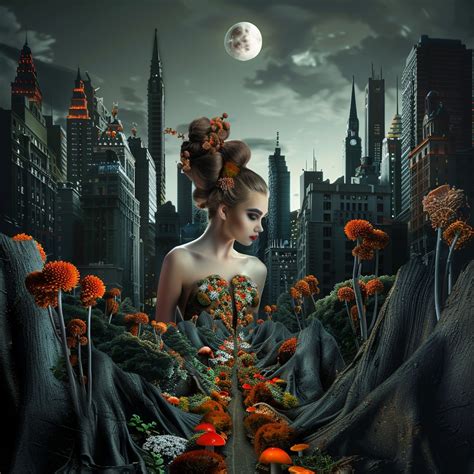 필재 이 이미지는 도시를 배경으로 초현실적인 느낌을 주는 아트워크입니다 작품의 주요 특징을 설명하자면 배경 도시와 밤 풍경 도시의 스카이라인은 고층 건물과 네온