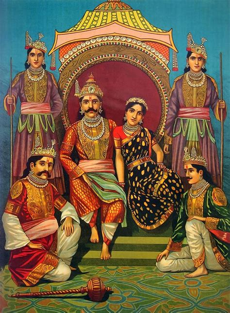 Draupadi With Her Five Husbands The Pandavas The Central Figure Is Yudhishthira The Two On