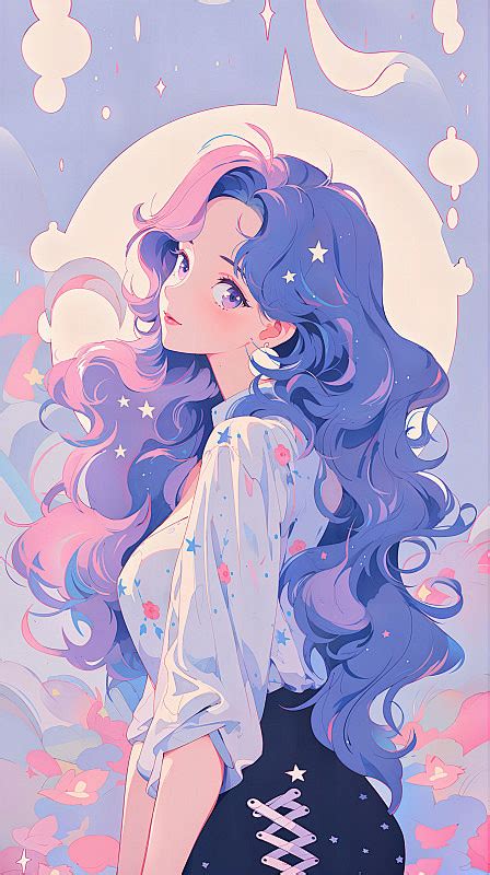【ai数字艺术】长卷发侧身美丽可爱少女星星梦幻插画下载
