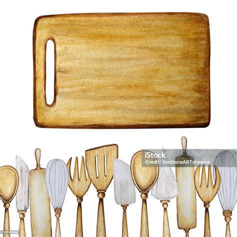 흰색 배경에 수채화 일러스트 프레임을 굽기위한 손으로 그린 나무 부엌 액세서리 프레임 요리 시간 포스터 배너 개념 도구 숟가락 주걱 포크 롤링 핀 칼 보드 가정 생활에 대한