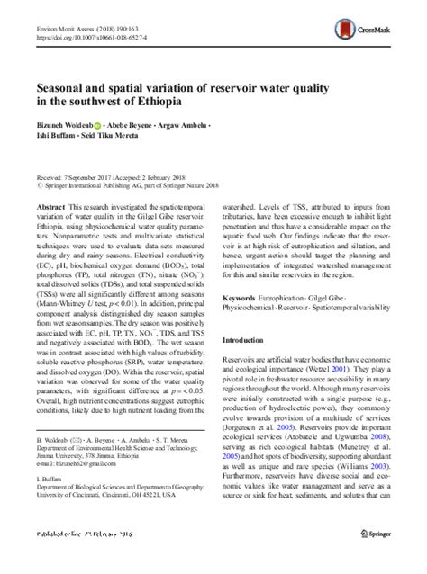 Pdf Seasonal And Spatial Variation Of Reservoir Water Quality In The Southwest Of Ethiopia